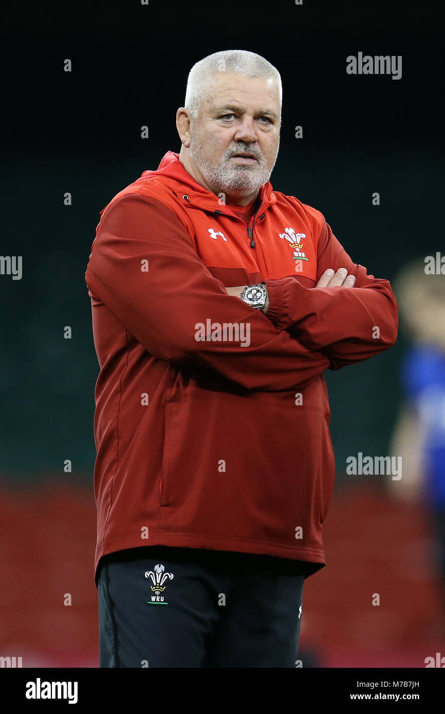 Cardiff, UK. 10th Mar, 2018. Warren Gatland, the Wales rugby team head ...