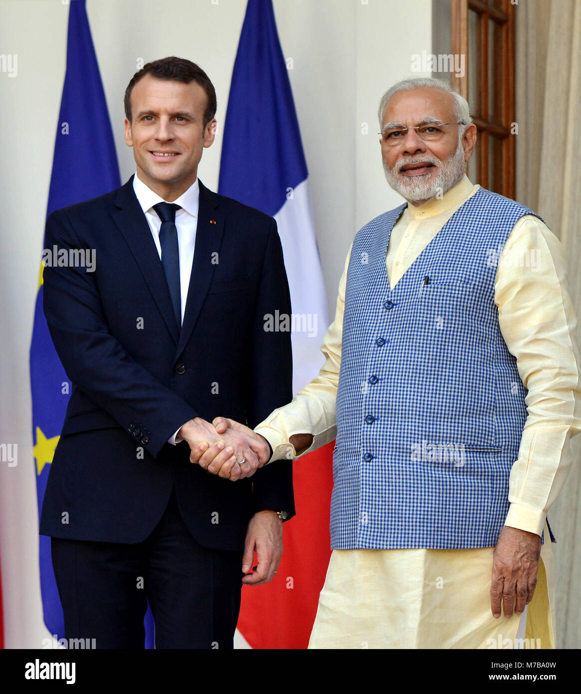 New Delhi, India. 10th Mar, 2018. French President Emmanuel Macron (L ...