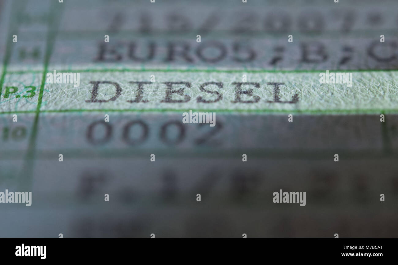 09 March 2018, Germany, Stuttgart: The words 'Diesel' and 'Euro5' are ...