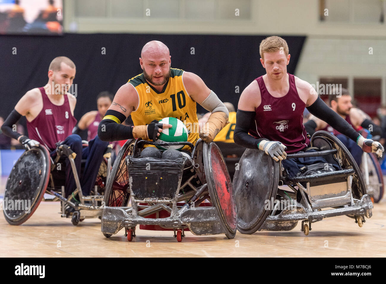 Leicester, UK, 10th Mar, 2018. Wheelchair Rugby Quad Nations: AUS vs ...