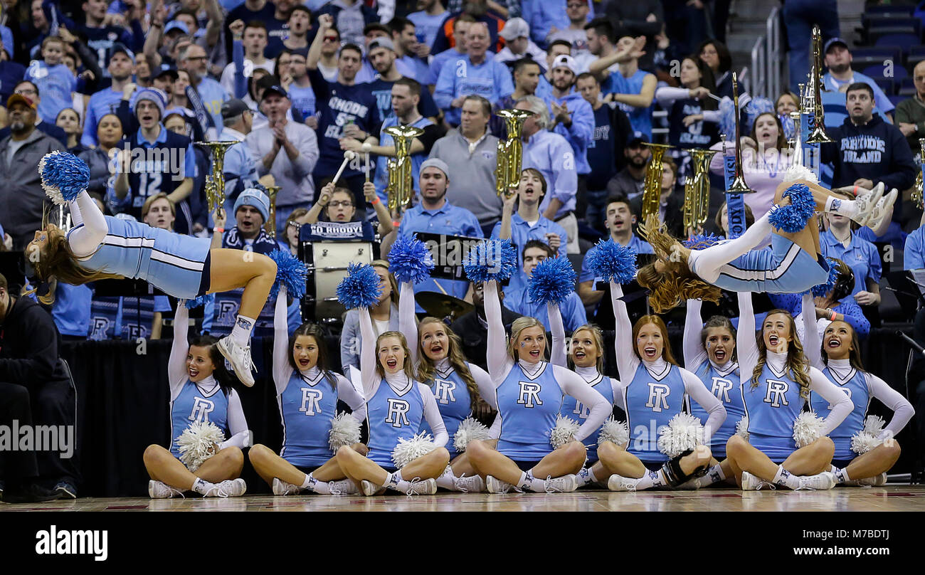 March 10, 2018: Rhode Island's cheerleaders flip for free throws during ...