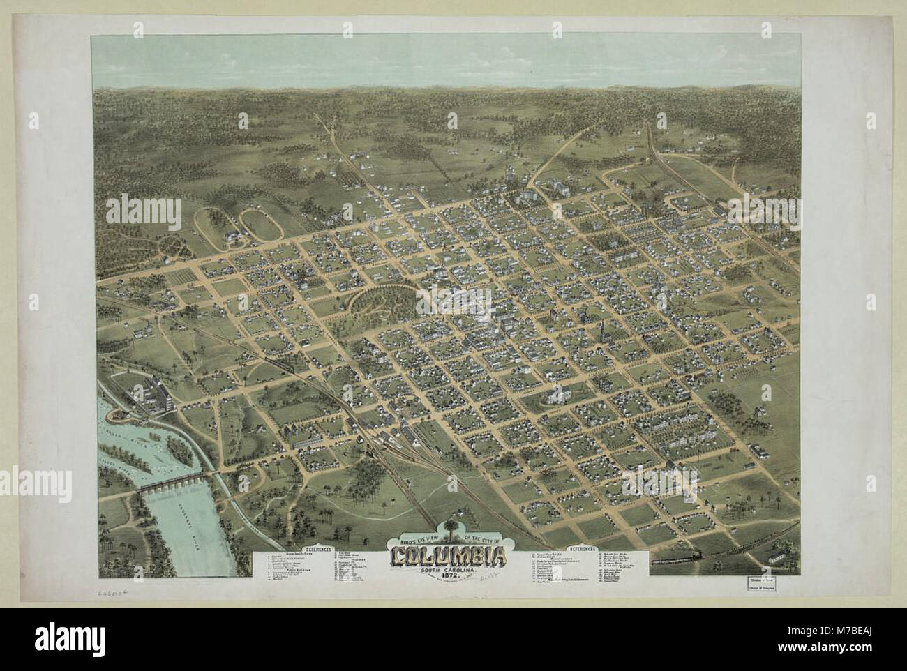 This bird's eye view of Columbia, South Carolina, from 1872 provides a ...
