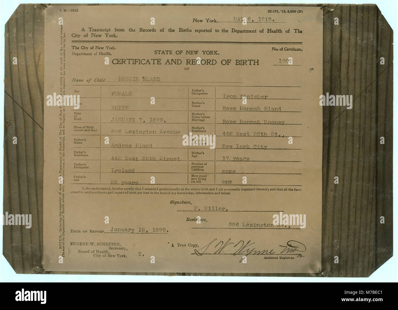 A historical birth certificate from the State of New York, documenting ...
