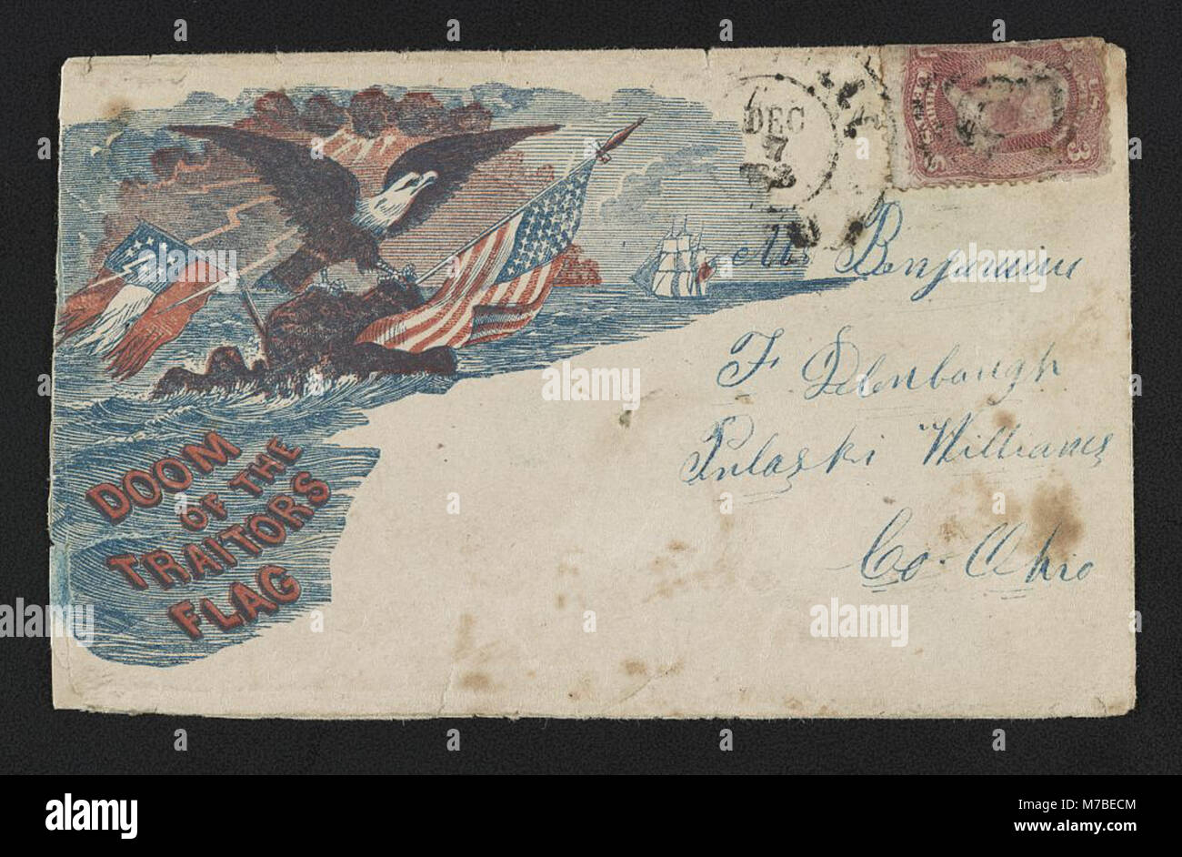 A Civil War-era envelope shows an eagle holding the American flag while ...
