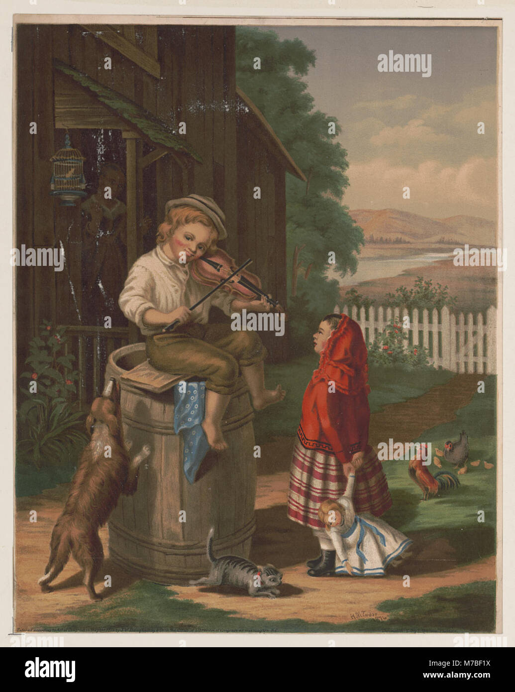 A boy playing the fiddle, demonstrating a traditional musical practice ...