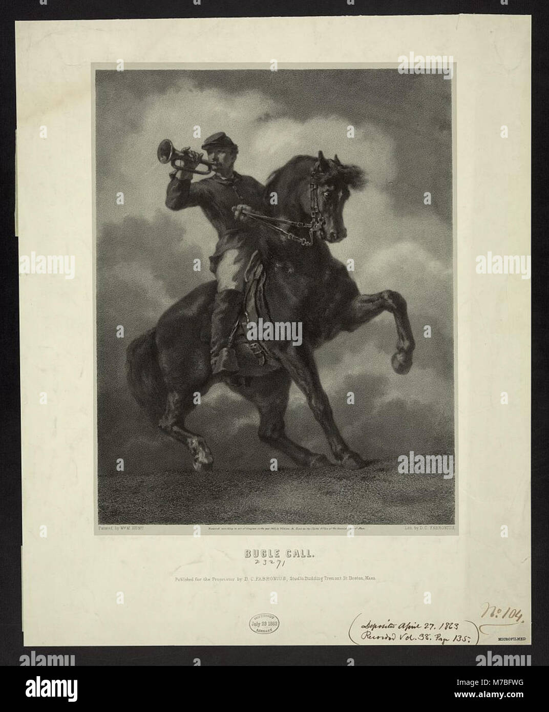 The artwork titled 'Bugle Call,' painted by Wm. M. Hunt and ...