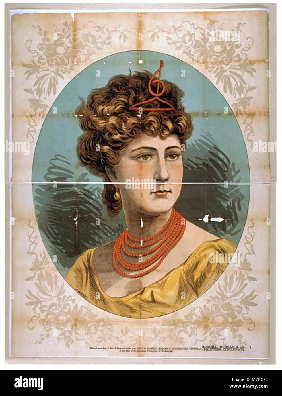 Bust view of woman wearing treble clef headpiece, yellow dress, and red ...