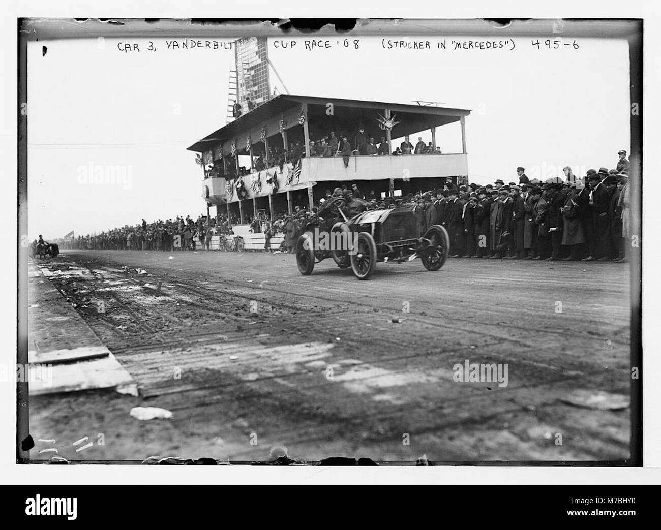 The image shows a car from the 1908 Vanderbilt Cup Race, featuring a ...