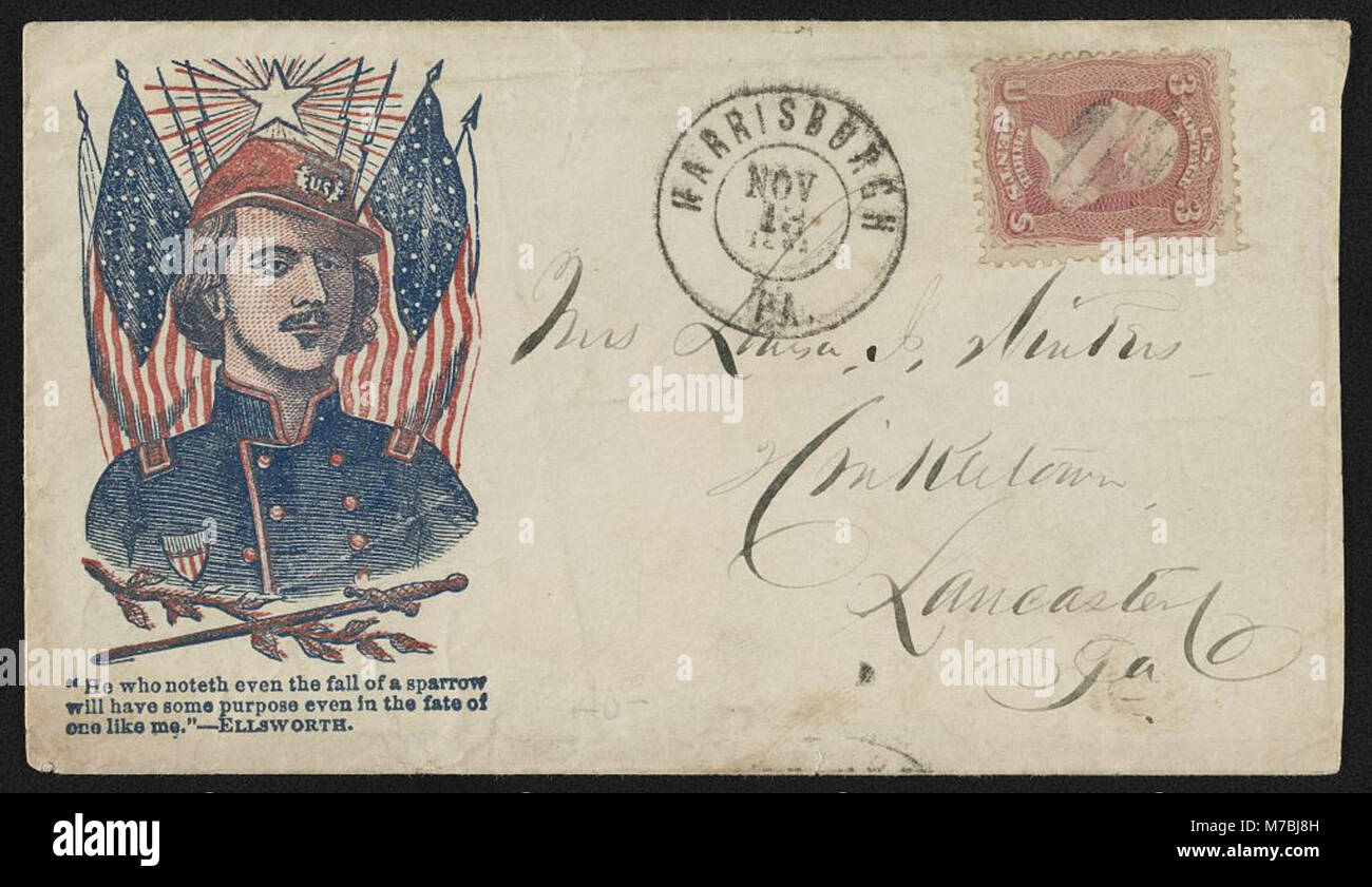 Civil War envelope showing portrait of Colonel Elmer Ellsworth with ...