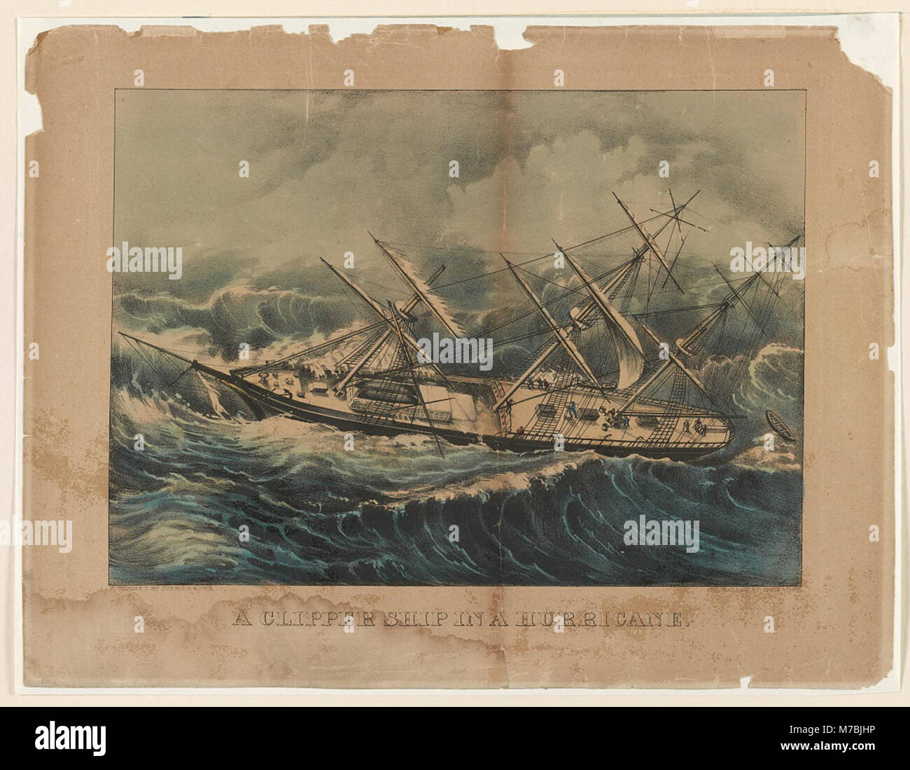 The image depicts a clipper ship caught in a hurricane, showcasing the ...