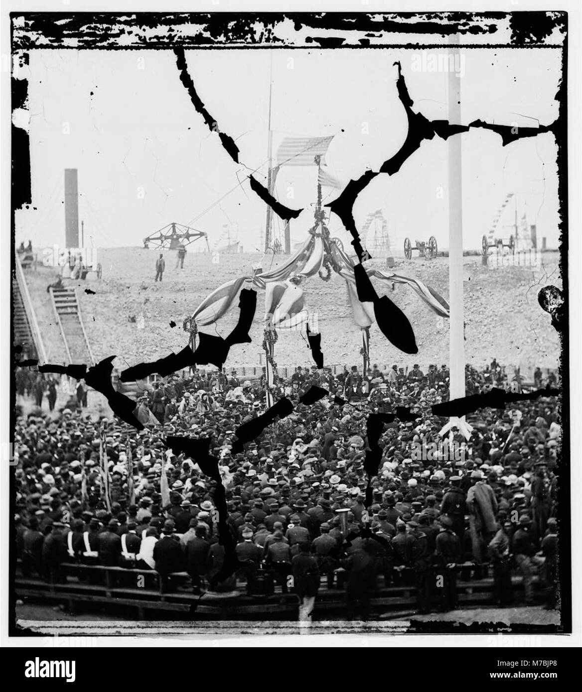 A historic photograph taken inside Fort Sumter during the flag-raising ...