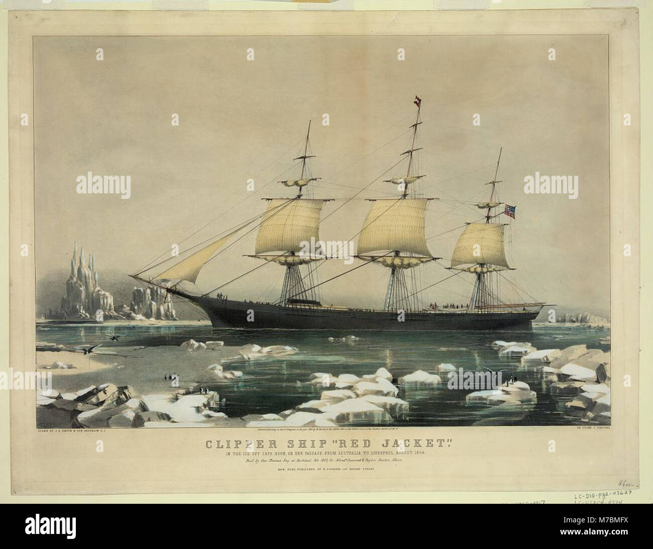An artistic rendering of the clipper ship 'Red Jacket' trapped in ice ...