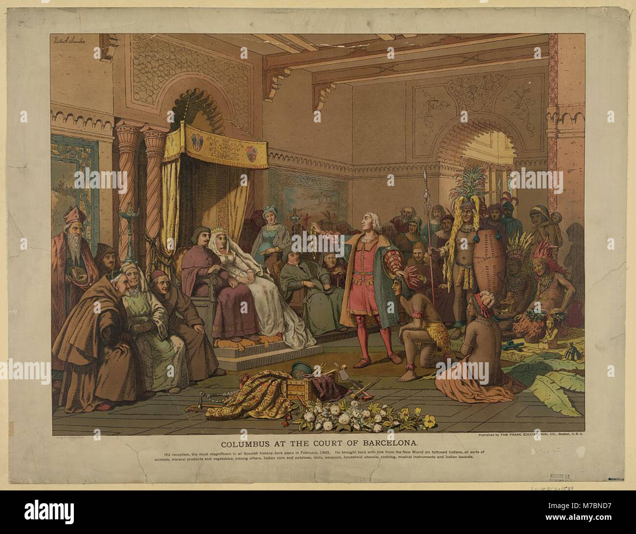 This image depicts Christopher Columbus at the court of Barcelona ...