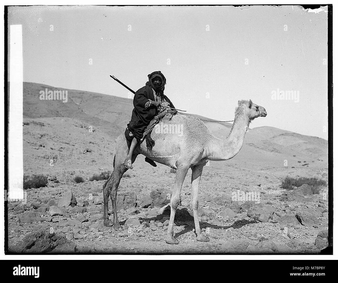 A photograph of a Bedouin man riding a camel, dressed in traditional ...