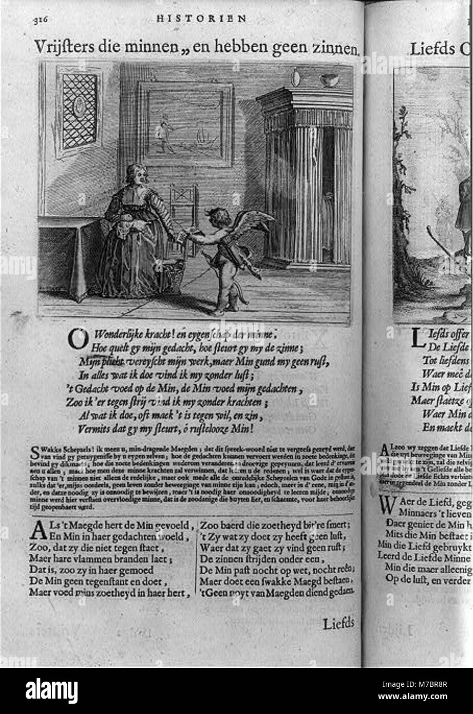 A classical scene depicting Cupid delivering a letter to a seated woman ...