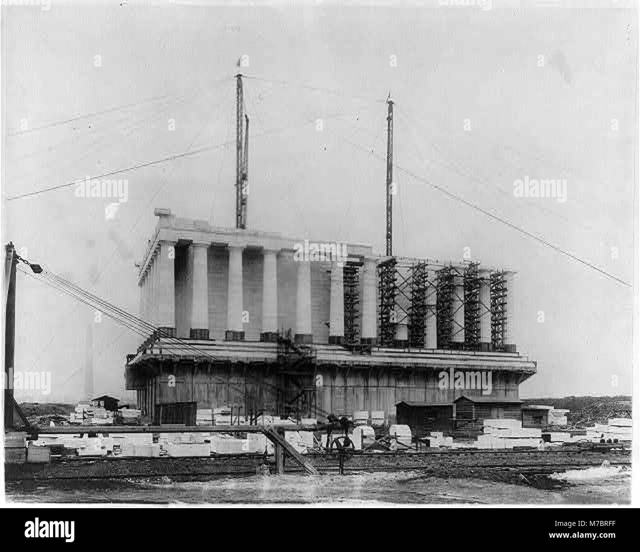 A photograph of the Lincoln Memorial under construction in Washington D.C., capturing the early ...