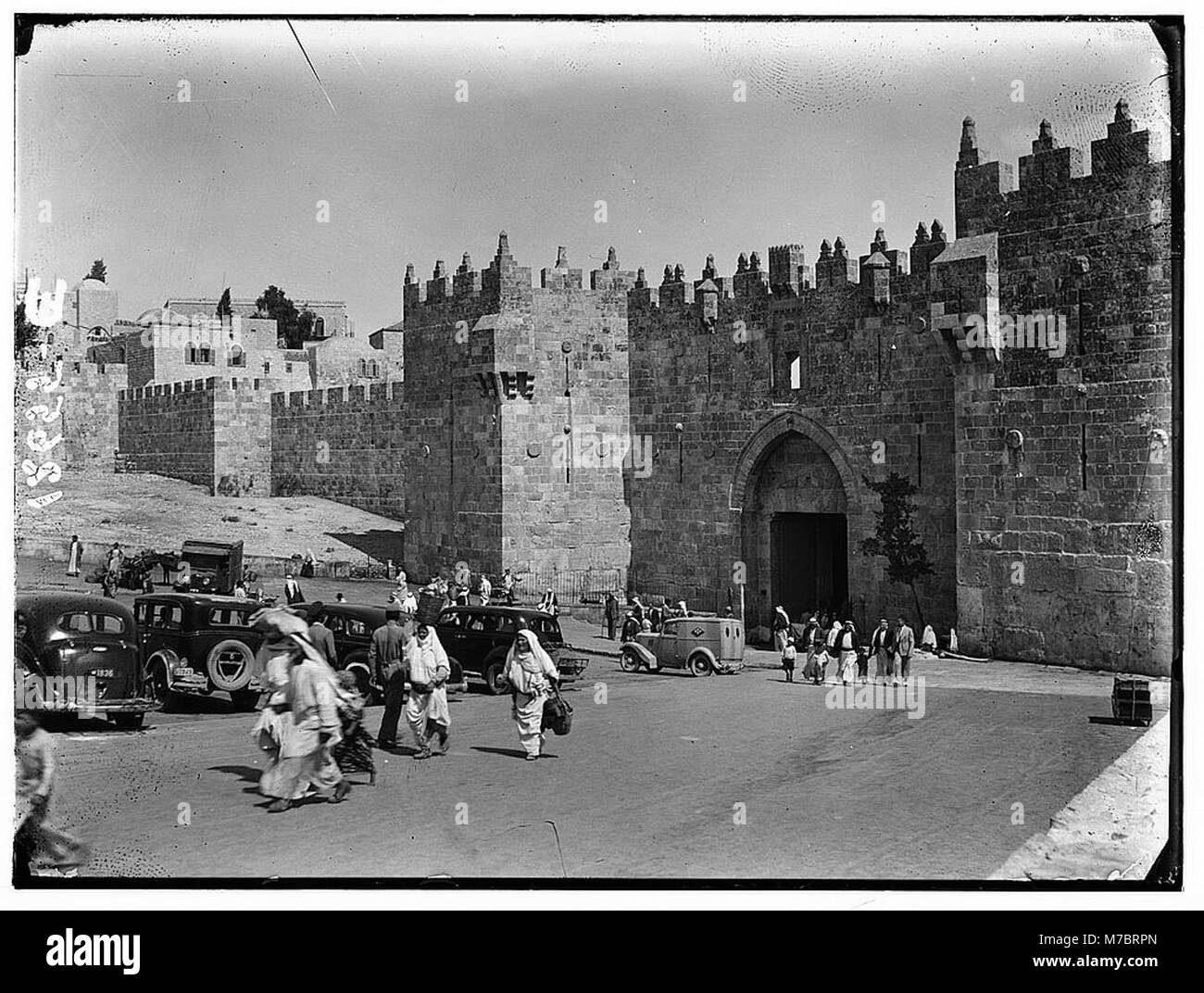 A close-up view of the Damascus Gate in Jerusalem, showcasing the ...