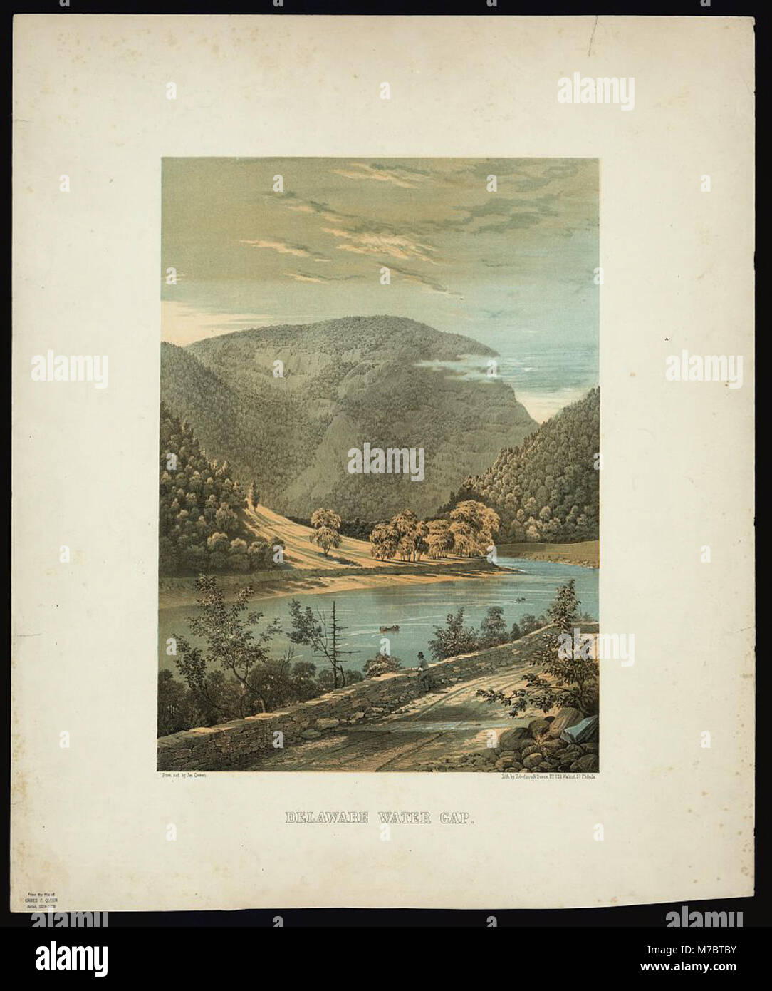 A lithograph of the Delaware Water Gap, created by Jas. Queen and ...