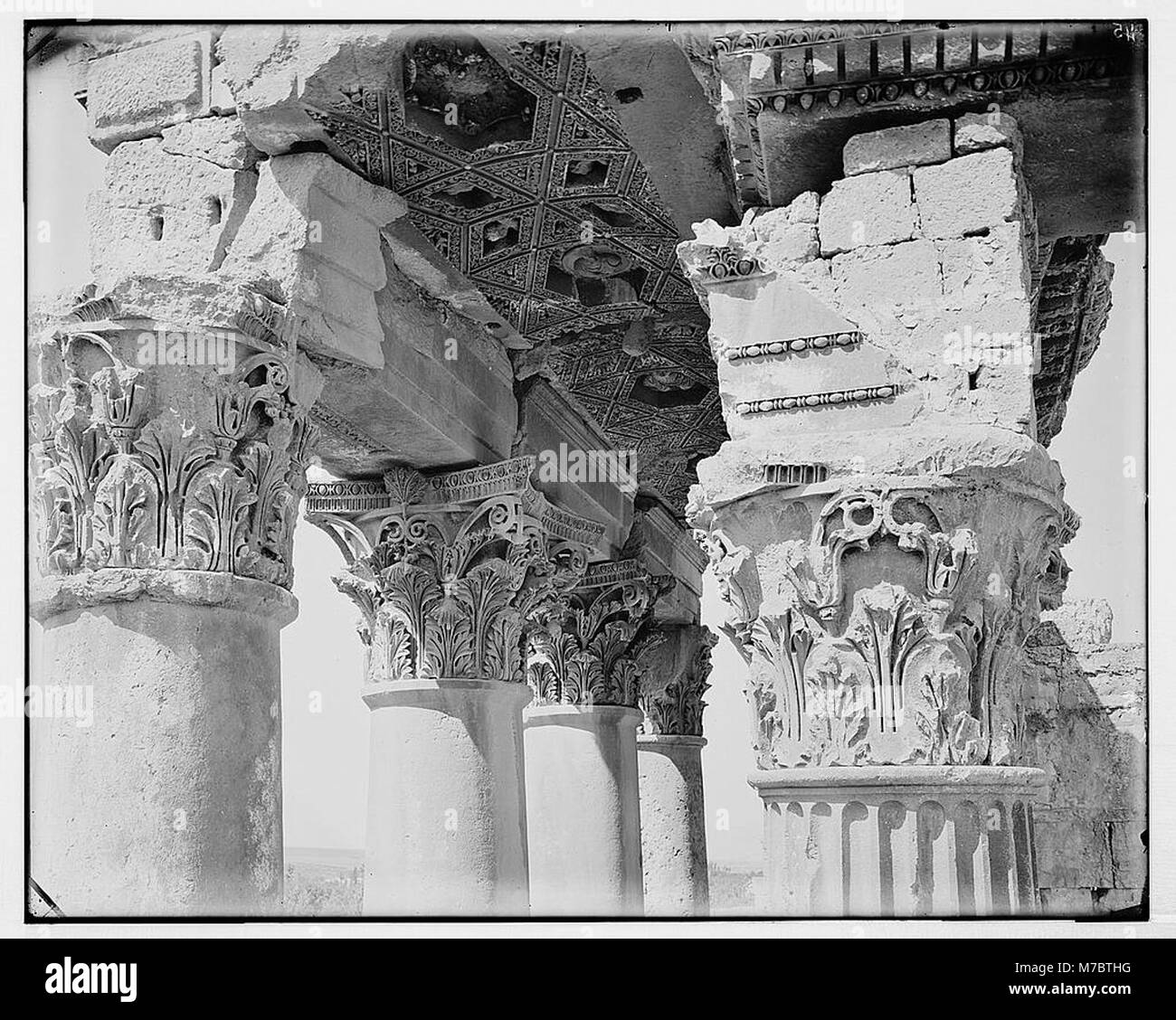 A detailed photograph of the cornice of a historic structure in Baalbek ...