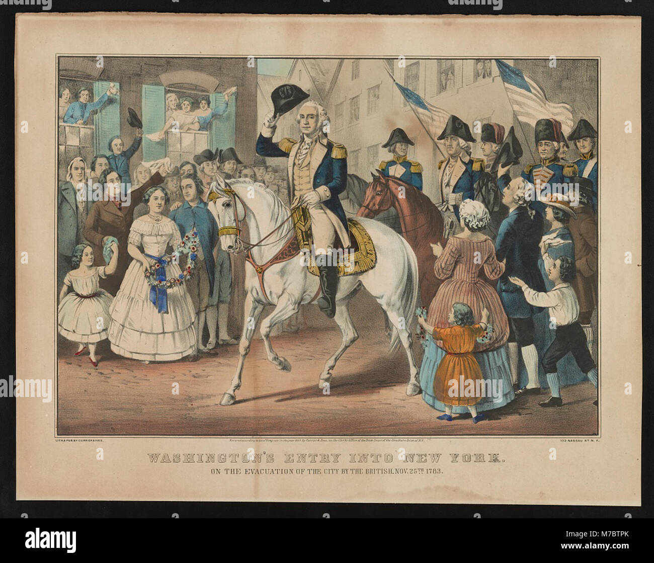 A historical image showing George Washington entering New York on ...