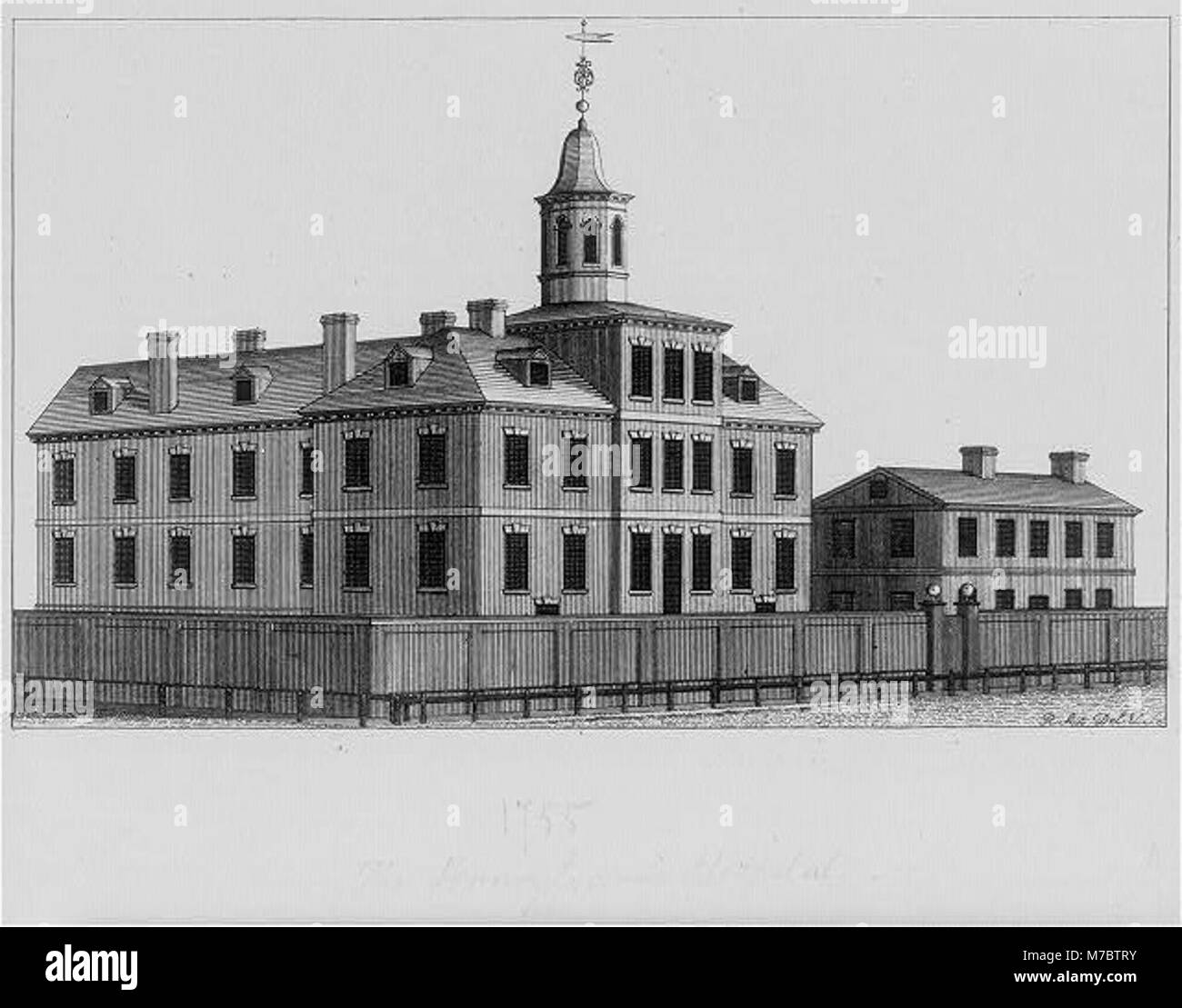 An 18th-century engraving of the Pennsylvania Hospital in 1755, created ...