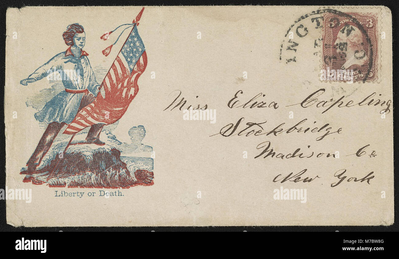 This Civil War-era envelope features a soldier holding the American ...