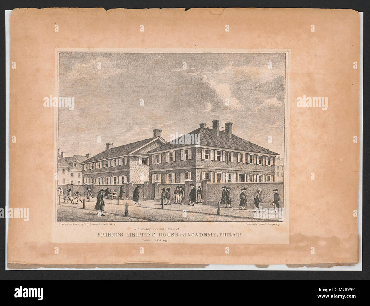 A lithographic view from 1829 of Friends Meeting House and Academy in ...