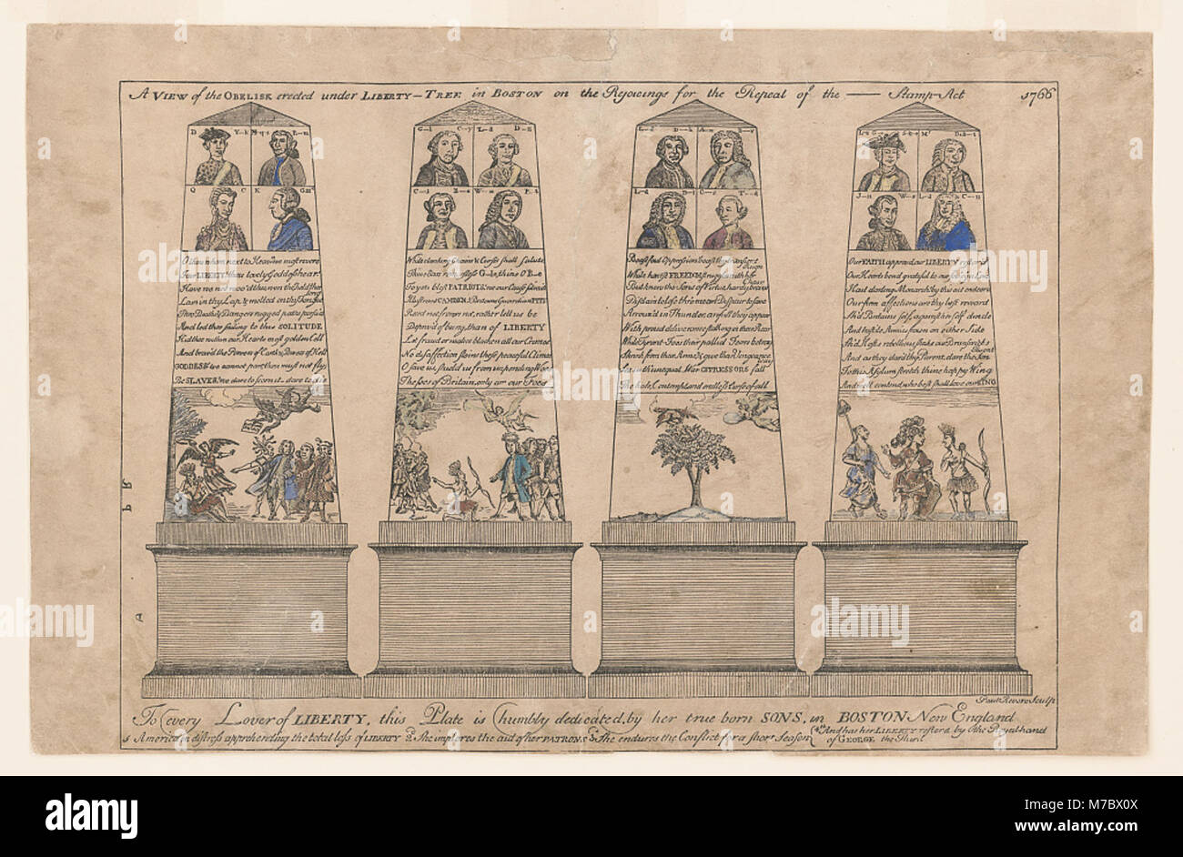 This image depicts the obelisk erected under the Liberty Tree in Boston ...