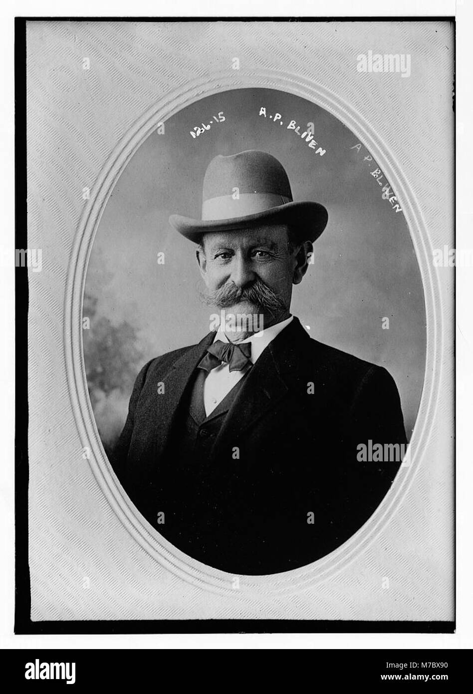 A portrait of A.P. Bliven, captured in a cameo style. The image ...
