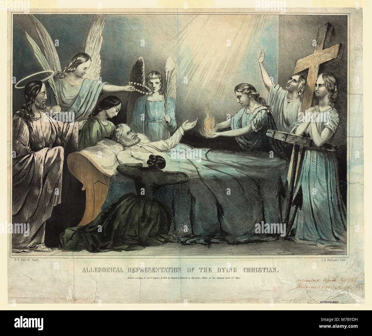 An allegorical lithograph by N.E. Talcott, depicting the dying ...