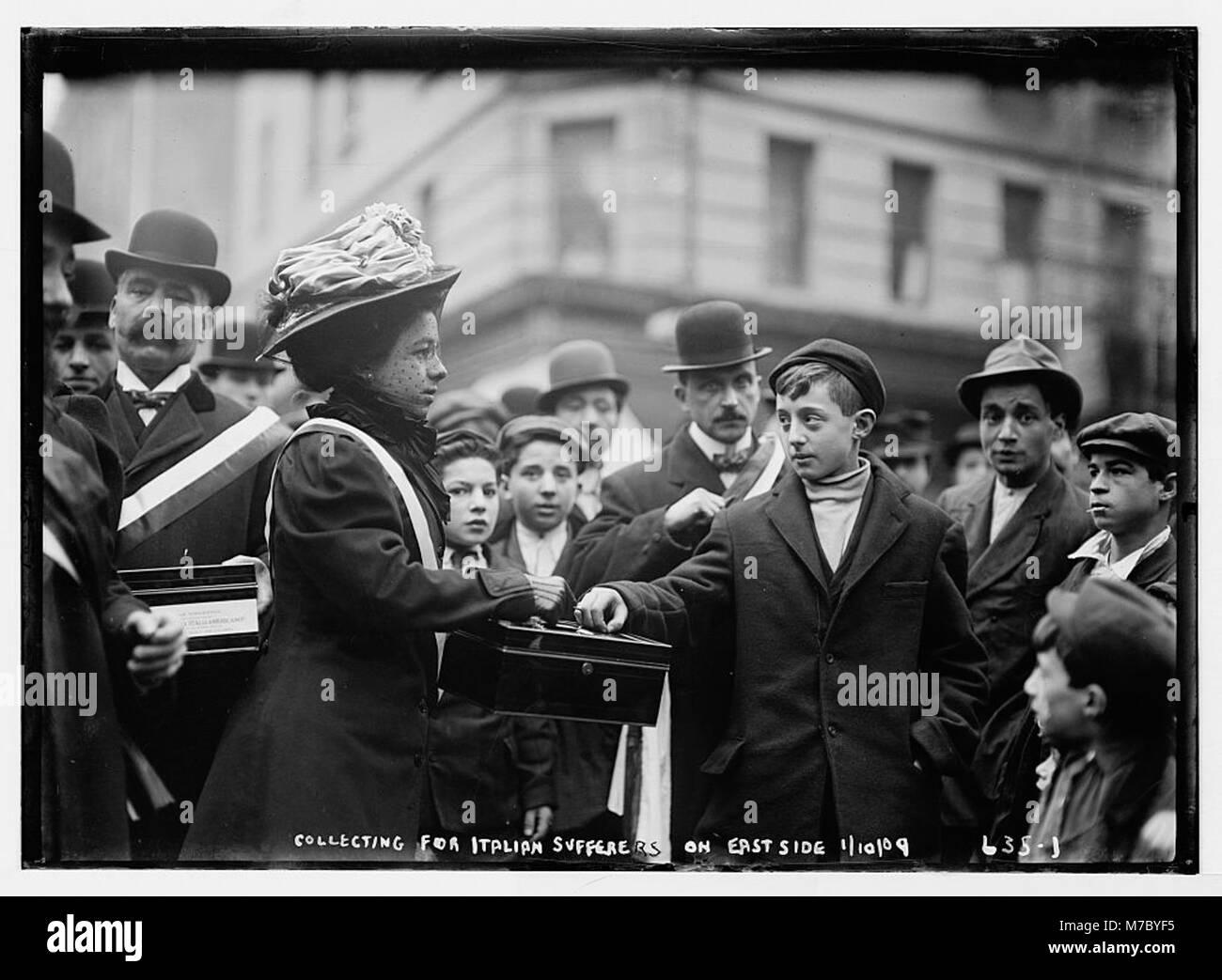 The image depicts a group of people collecting alms for the Italian ...