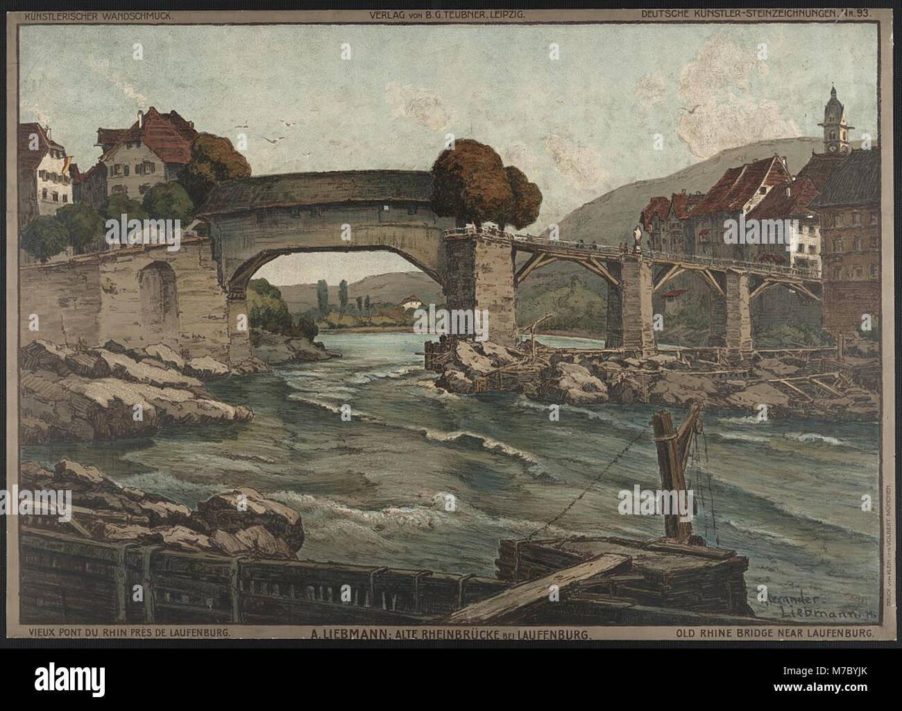 The Alte Rheinbrücke, an ancient bridge over the Rhine near Laufenburg ...