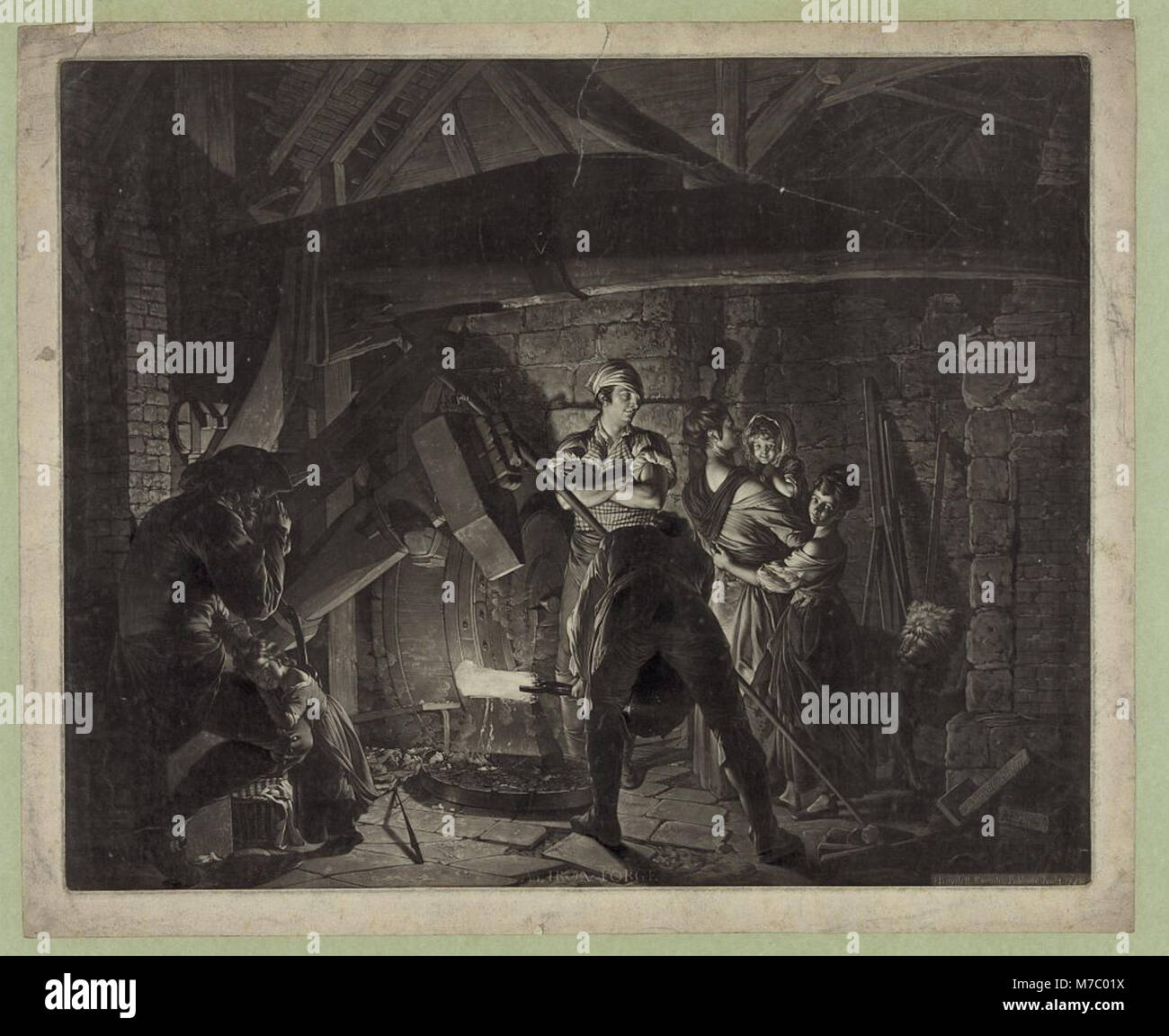 An image depicting an iron forge, showing the process of smelting and ...