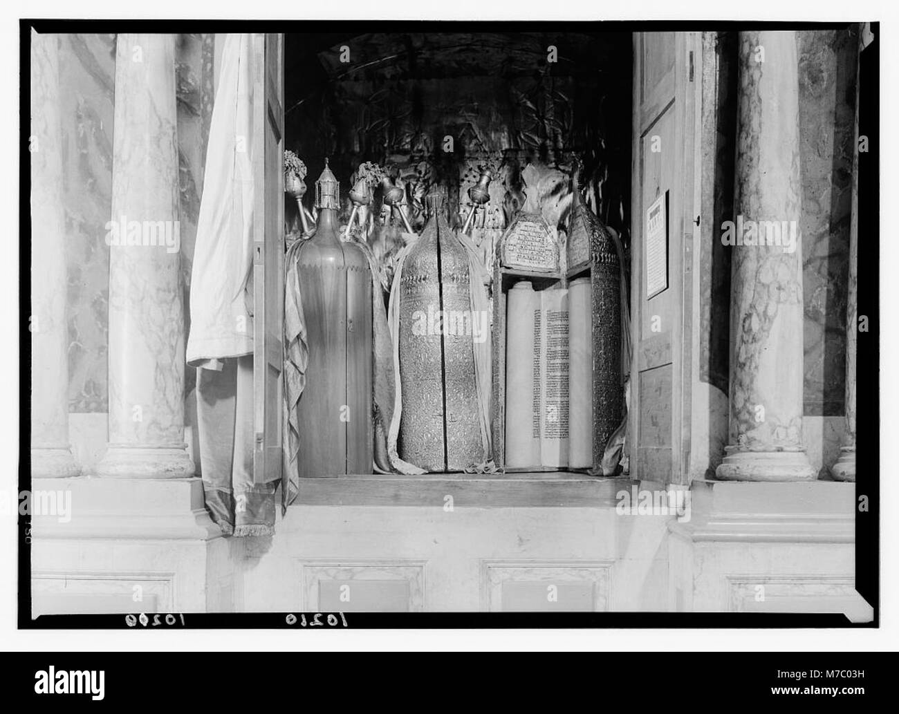A photograph of ancient scrolls inside the Istambouleye Synagogue ...