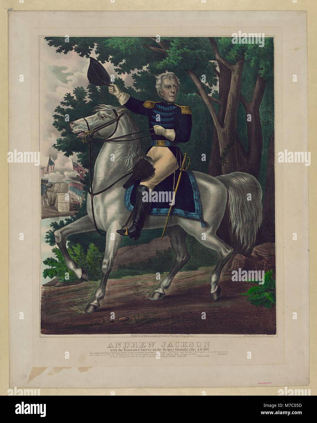 A lithograph depicting Andrew Jackson leading the Tennessee forces at ...