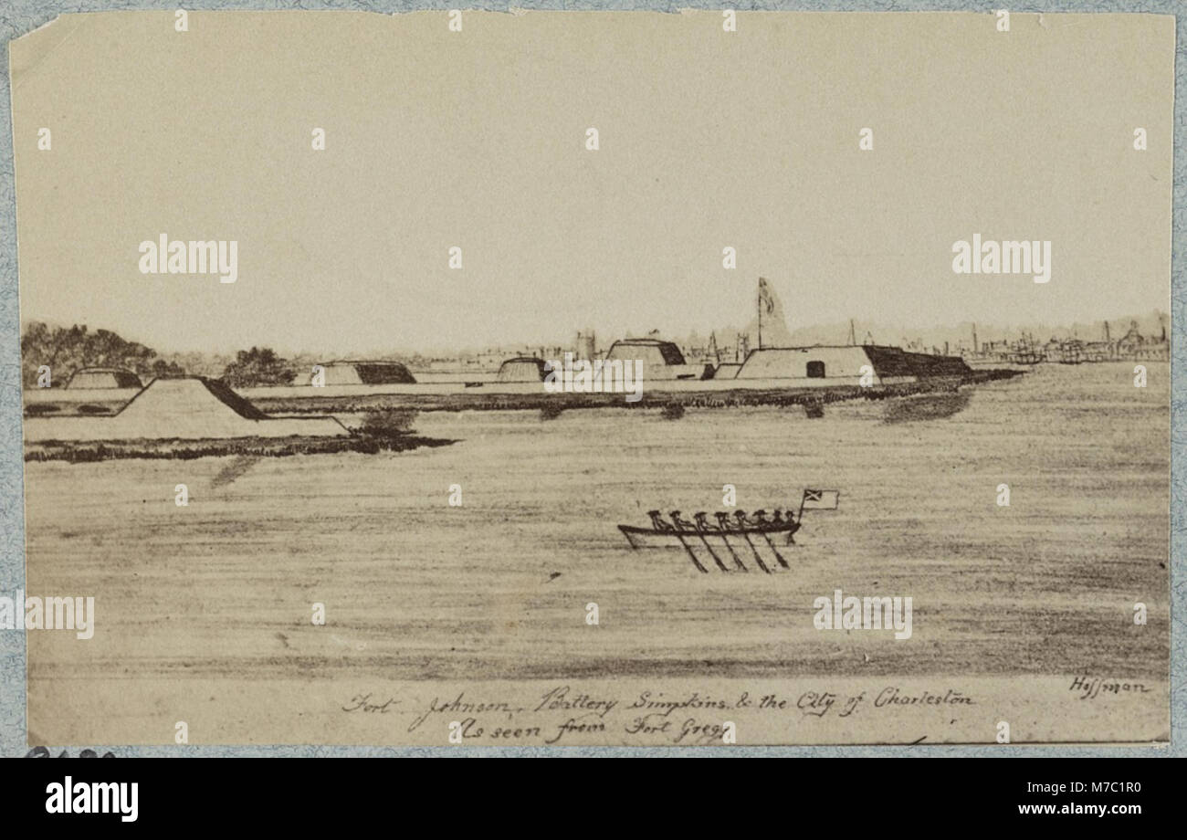 A historical photograph of Fort Johnson and Battery Gregg, two military ...