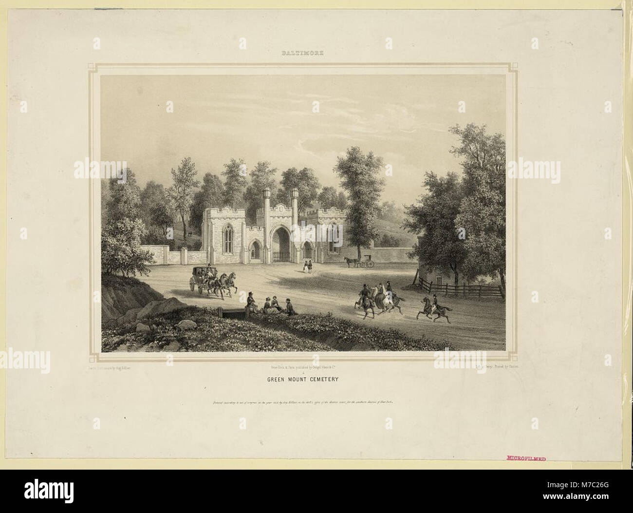 This lithograph depicts Green Mount Cemetery in Baltimore, showcasing ...
