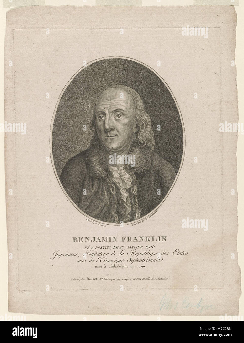 The image depicts a drawing of Benjamin Franklin, created by Desrais ...