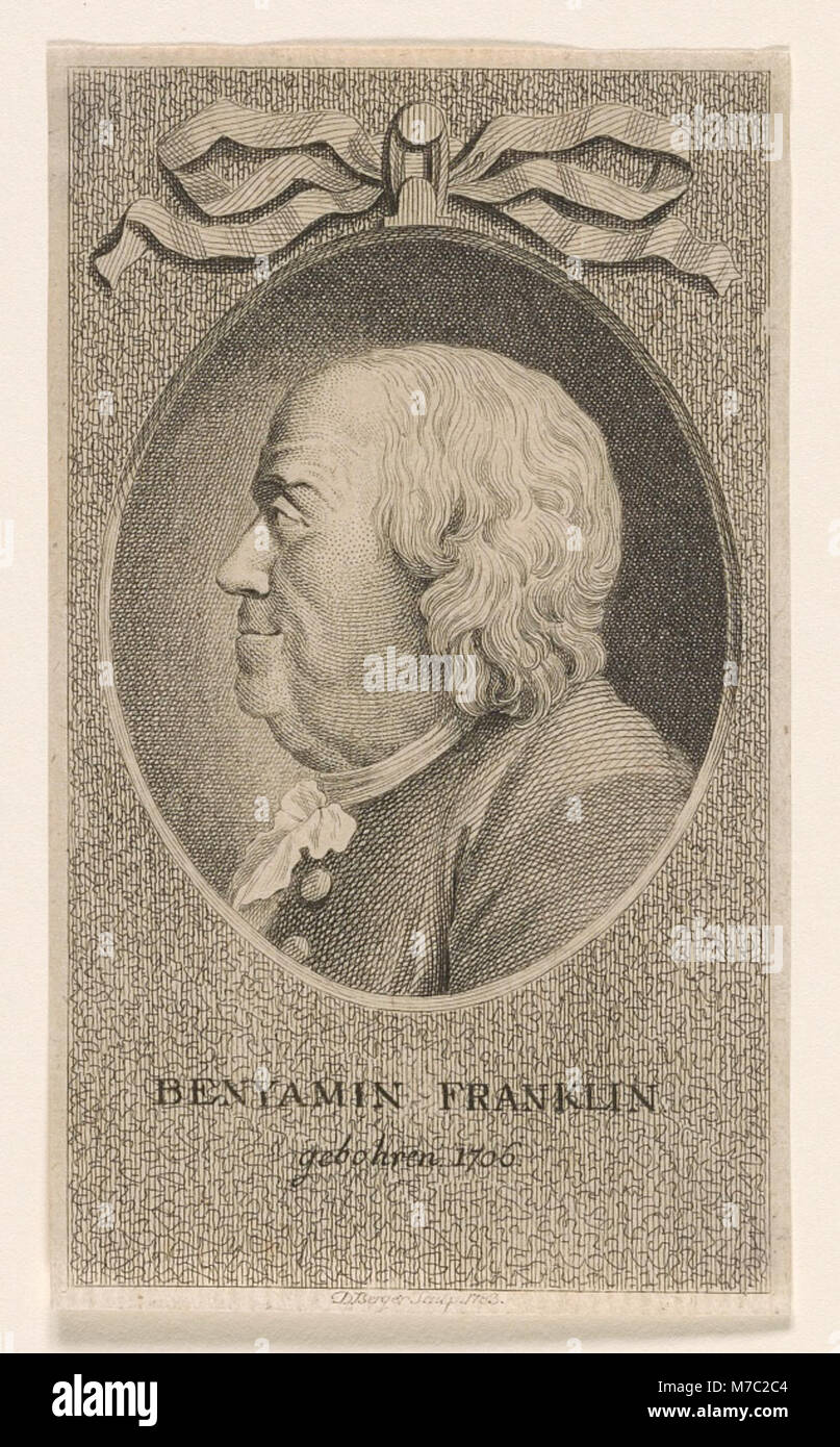 An engraving of Benjamin Franklin, born in 1706, created by D. Berger ...