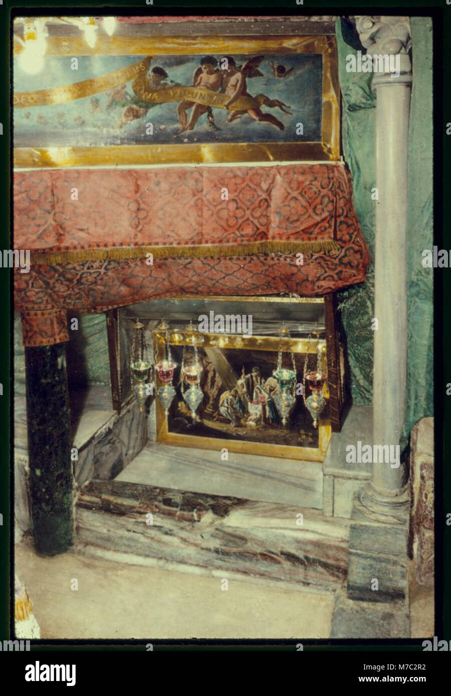 A close-up view of the manger in Bethlehem, focusing on the religious ...