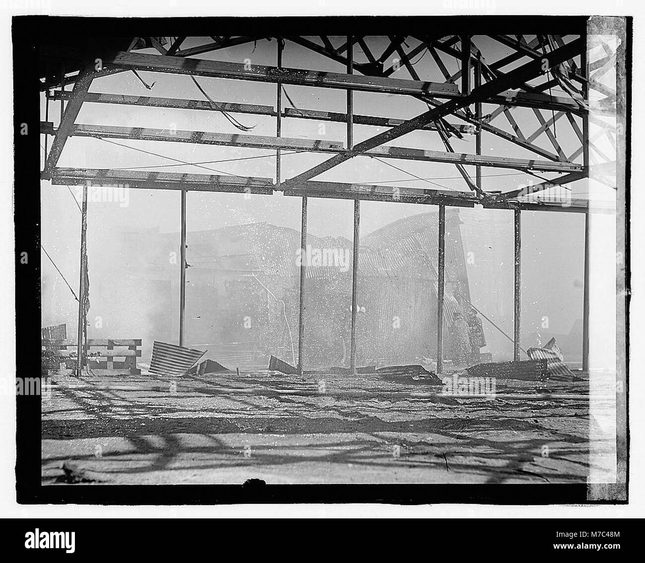 A historical image documenting a fire at Bolling Field, a significant ...