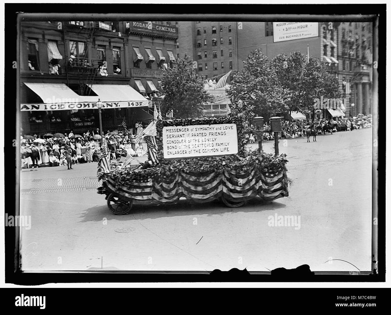 A photograph of a Fourth of July parade float featuring a ...