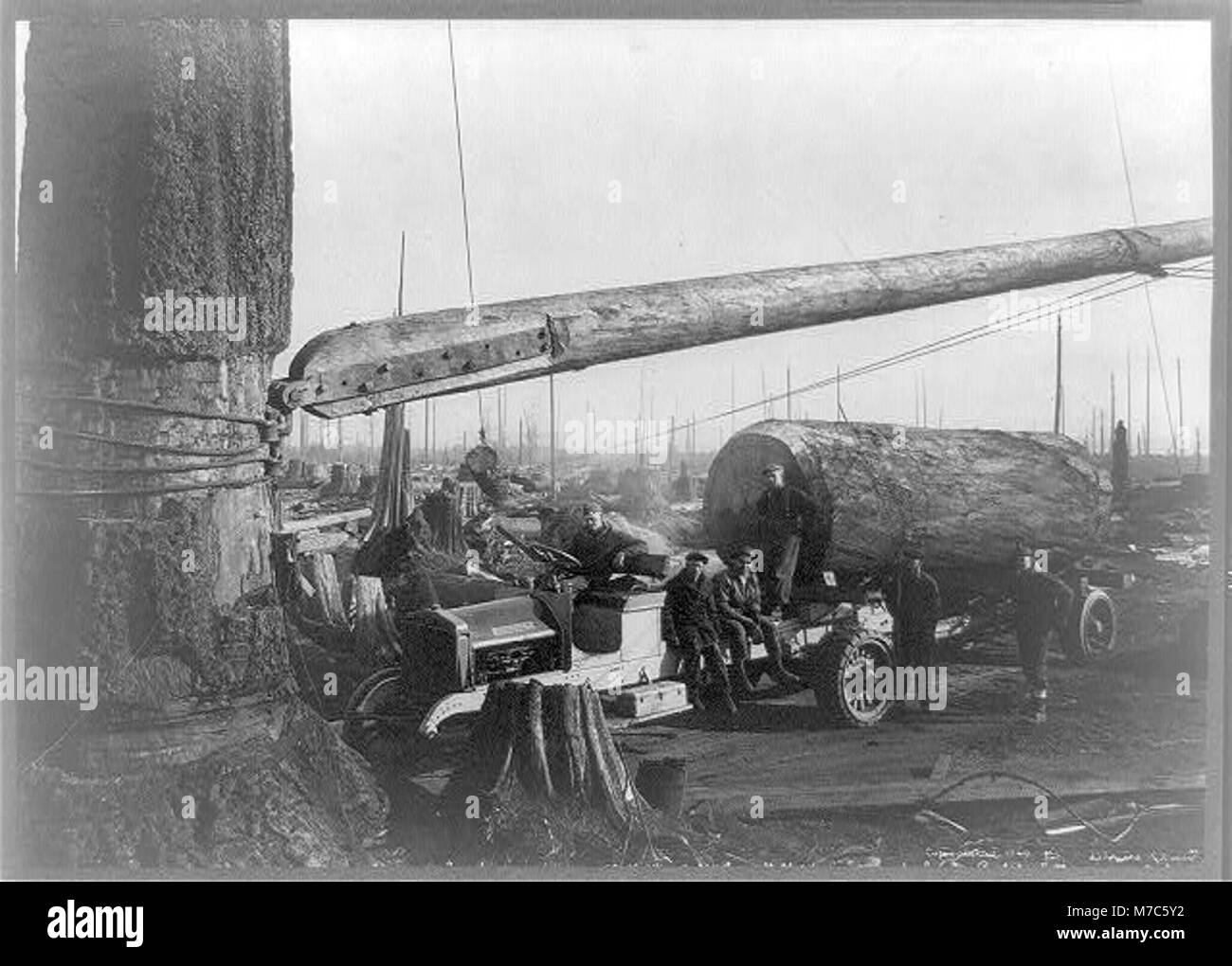 A logging operation in Washington State shows a loading boom on a spar ...