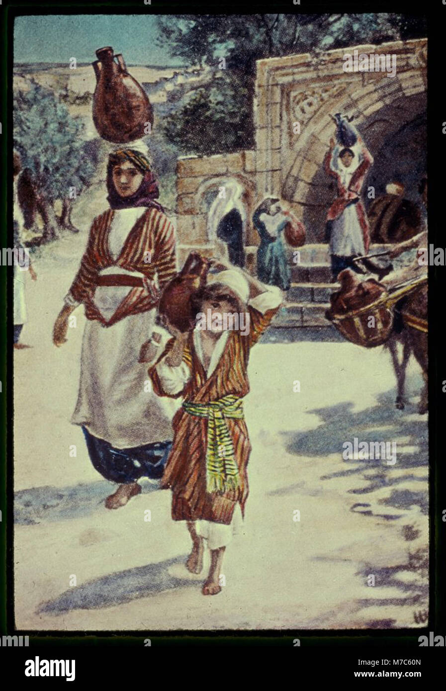 This religious artwork depicts Mary and the child Jesus in Nazareth, as ...