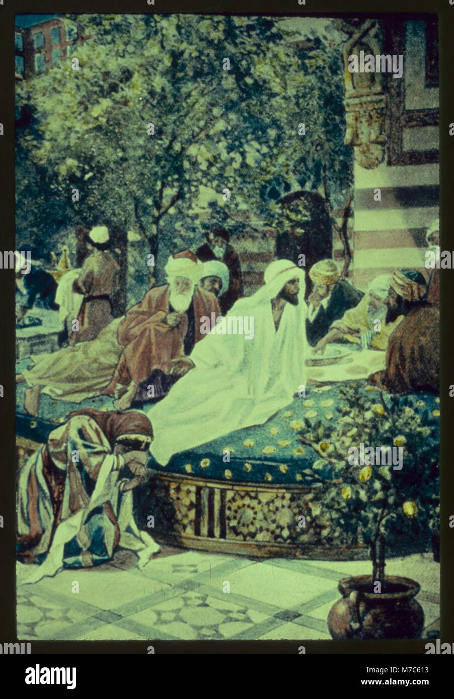 A depiction of the biblical scene from Luke 7:36-50, where Jesus ...