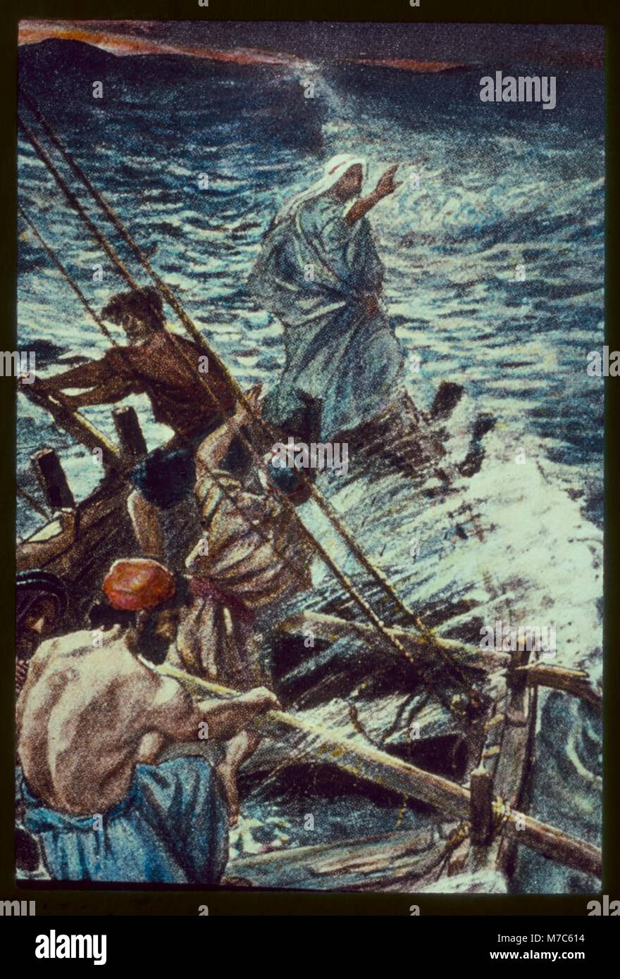 A biblical scene depicting Jesus calming a storm on the Sea of Galilee ...