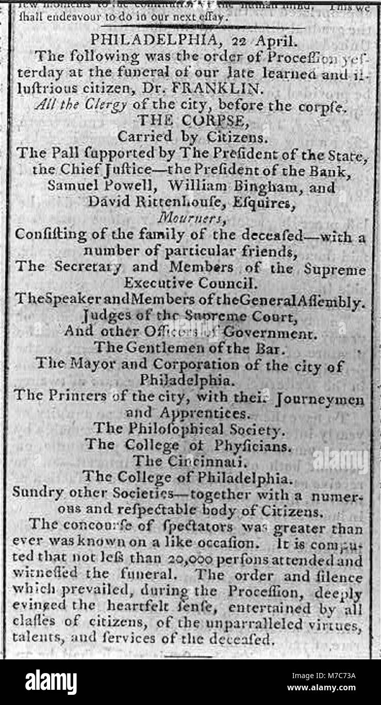 The order of procession at the funeral of Dr. Benjamin Franklin in ...