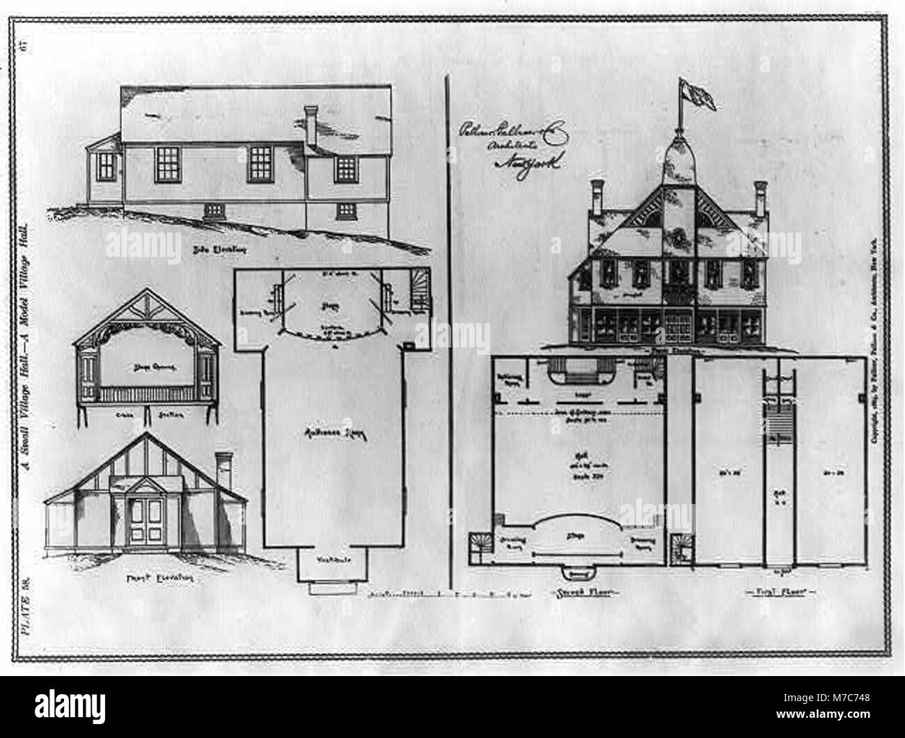 Architectural plans showing designs for both exterior and interior ...