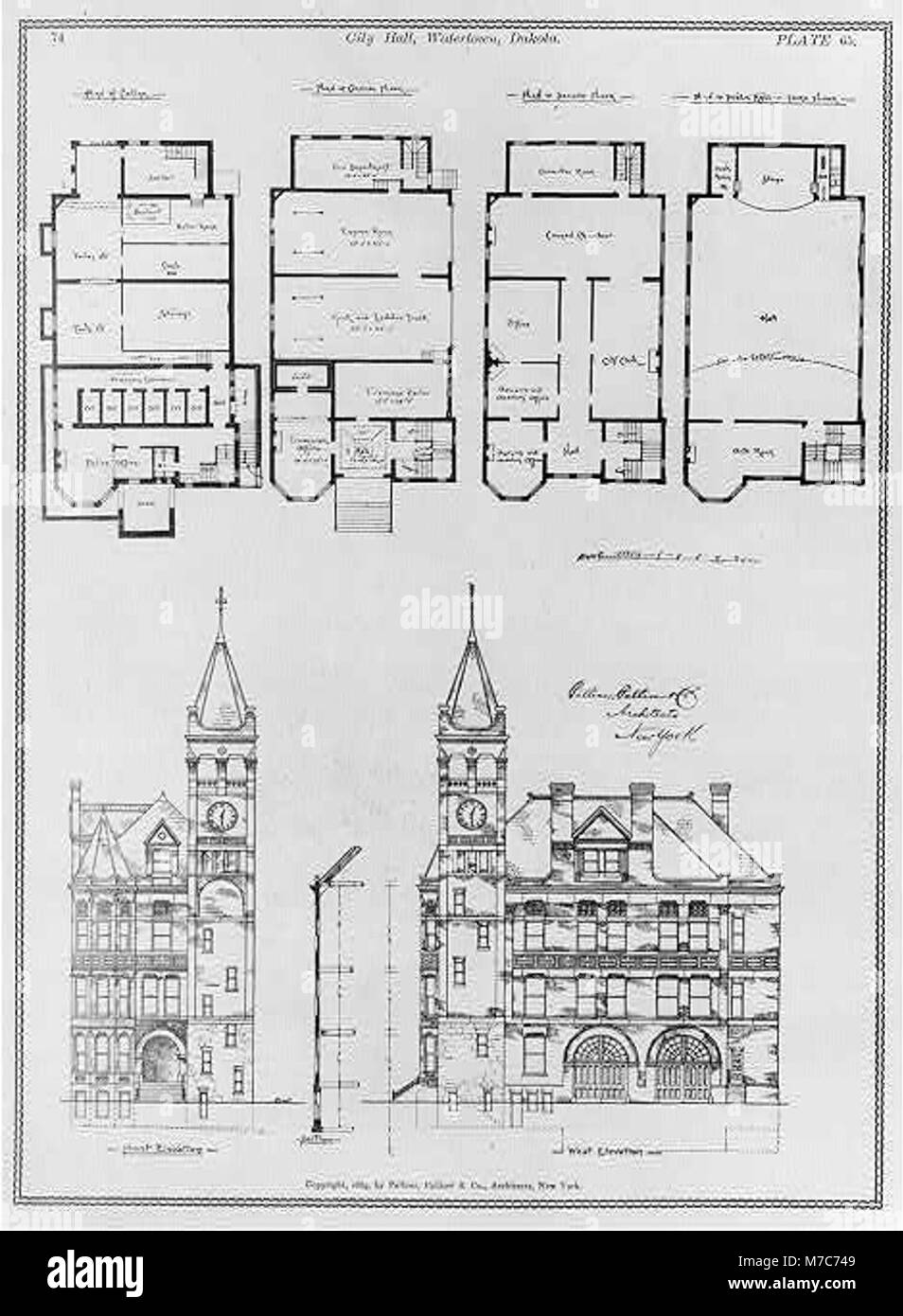 A set of plans detailing the exteriors and interiors of a building ...