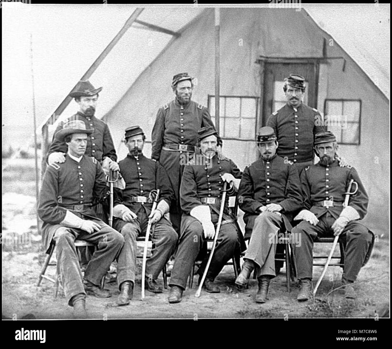 Photograph of Major H.W. Sawyer and his staff at Camp Stoneman, located ...